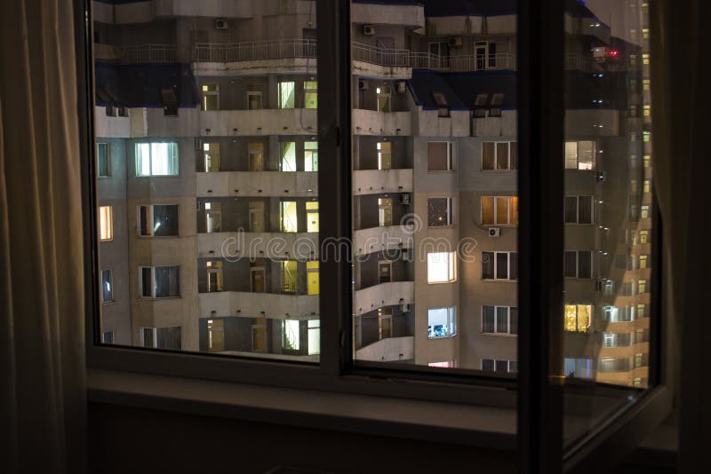 View from Window High-rise Buildings at Night Stock Image - Image of ...