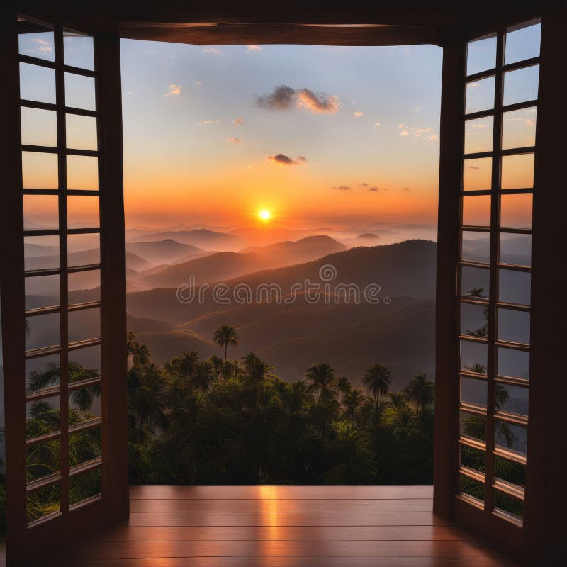 View from Window with Mountains in Sunset Sky Stock Image - Image of ...