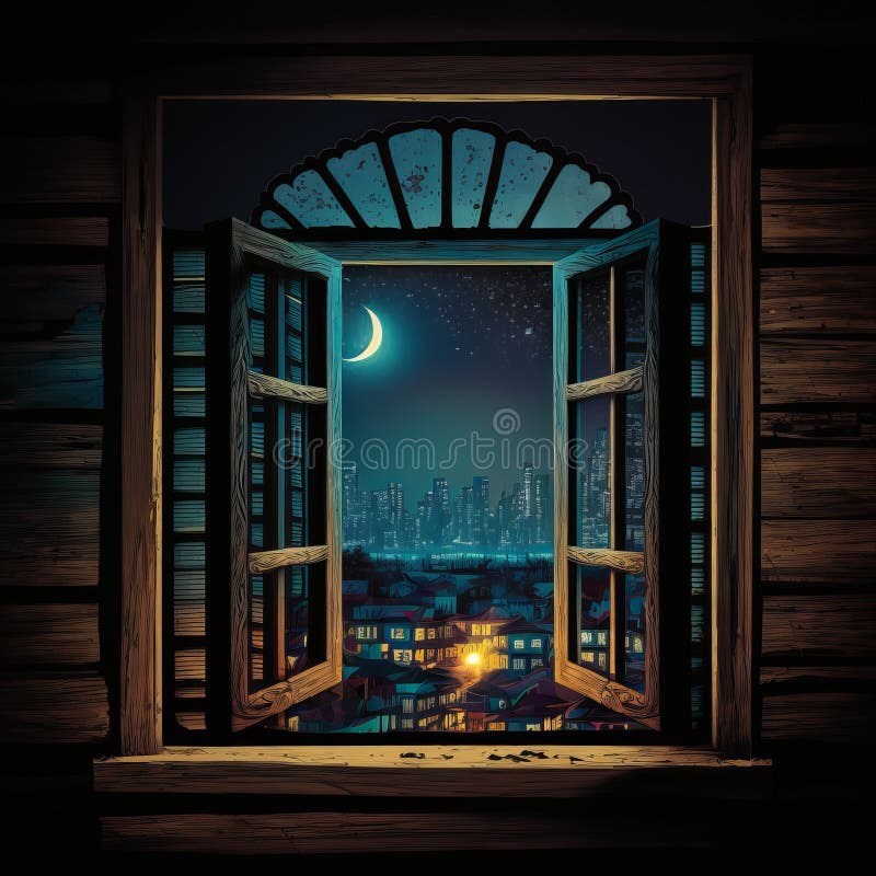 View from the Window in the Night Scene Stock Illustration ...