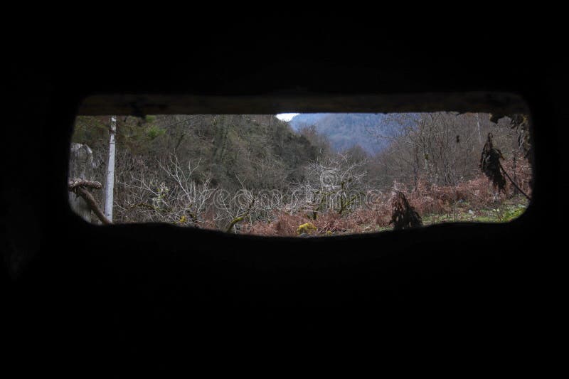 View through the Window of an Old World War 2 Bunker in the Mountains ...