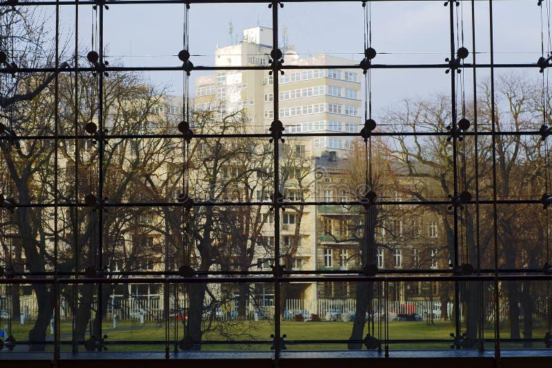 View through a Window at the Park and the Street Stock Photo - Image of ...