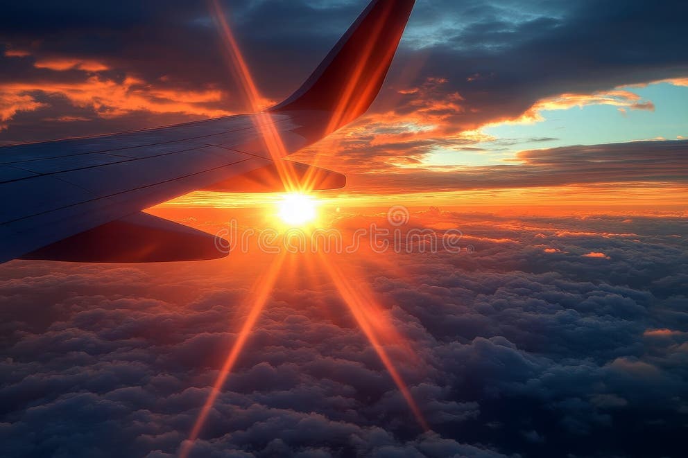 The View from the Window of the Plane on the Wing and Sky during Sunset with Wings Background ...