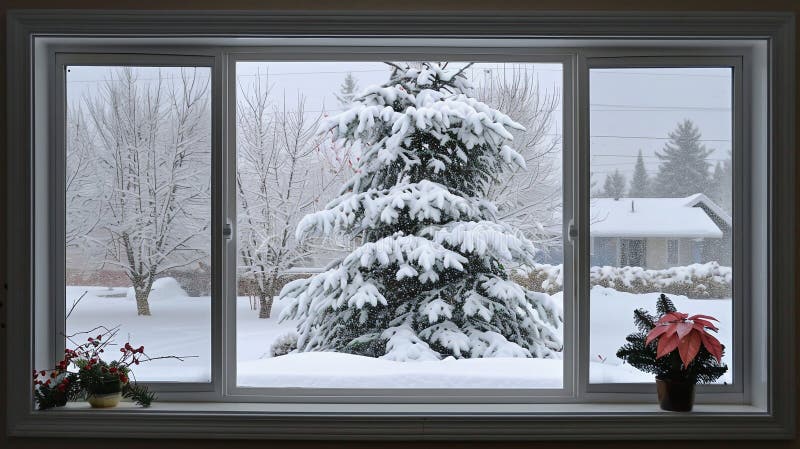 View of the Window with Snow-covered Fir Trees and Christmas Decor ...
