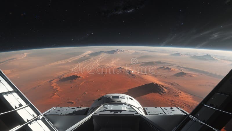 A View from the Window of a Space Station in Orbit Around Mars. Stock ...