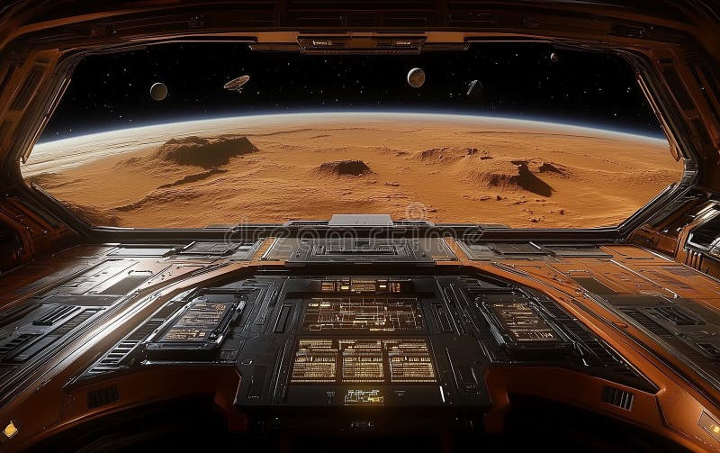 A View from the Window of a Space Station in Orbit Around Mars Stock ...