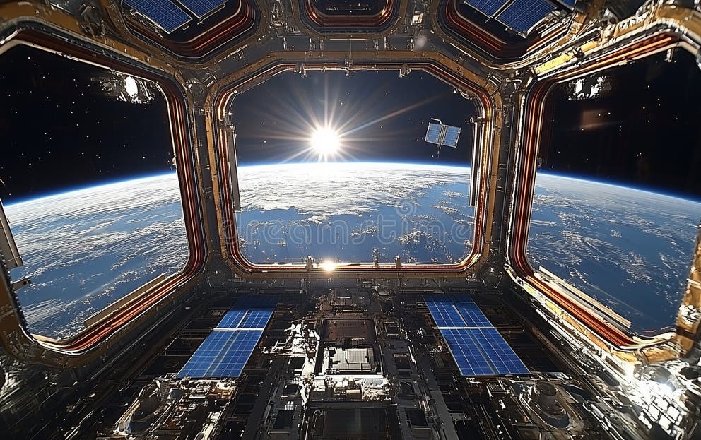 A View from the Window of a Space Station in Orbit Around Mars Stock ...