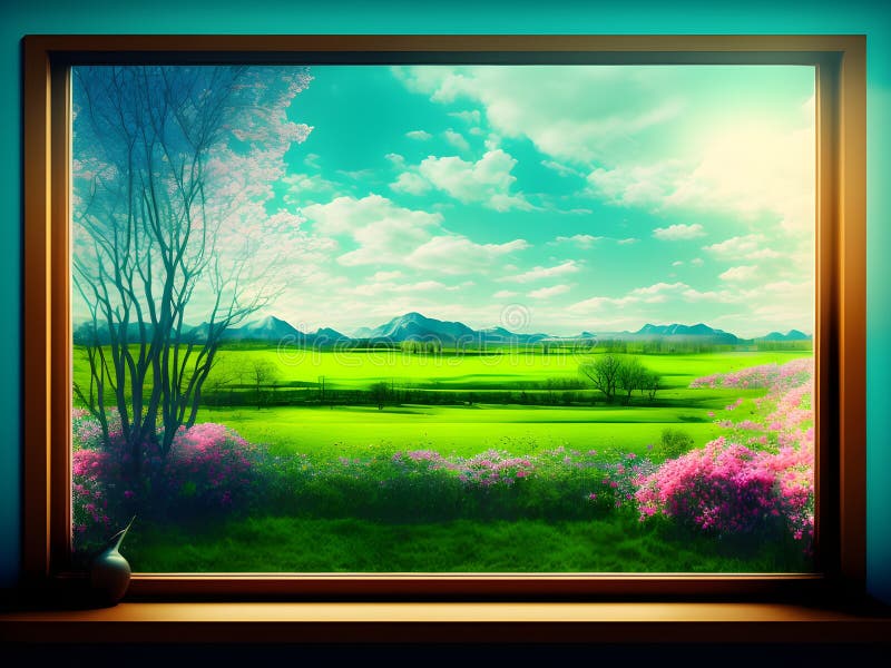 View from Window of Spring Landscape, Generative AI Illustration Stock ...