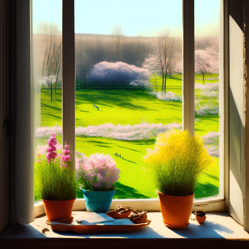 View from Window of Spring Landscape, Generative AI Illustration Stock ...