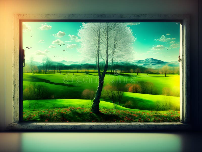 View from Window of Spring Landscape, Generative AI Illustration Stock ...