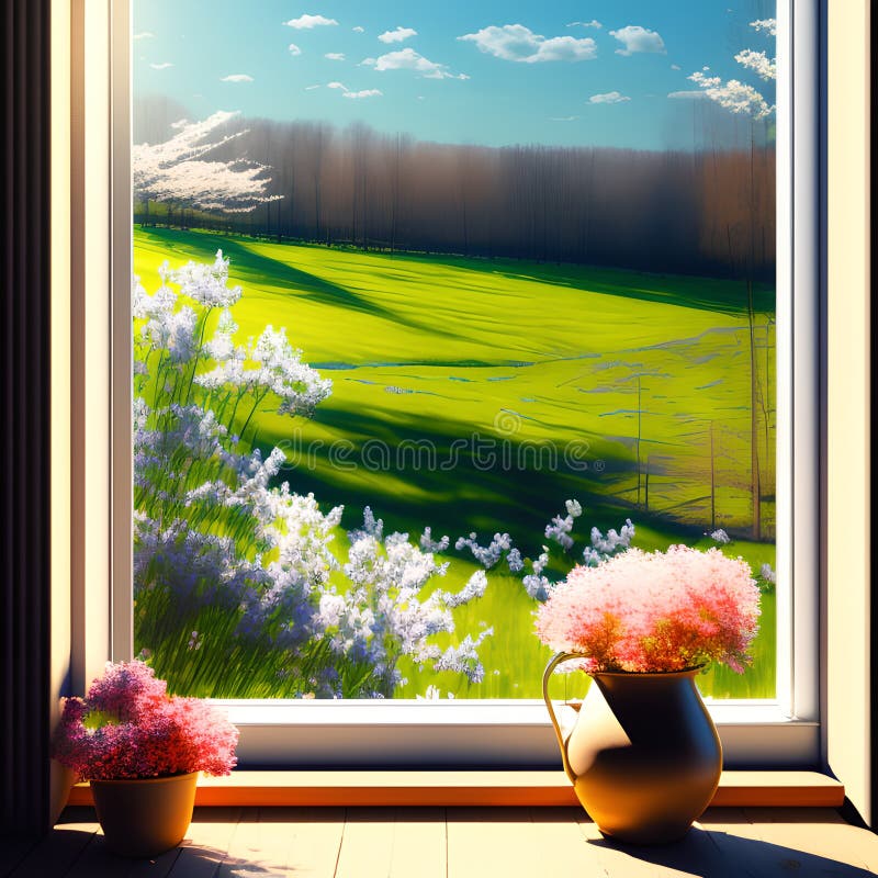 View from Window of Spring Landscape, Generative AI Illustration Stock ...