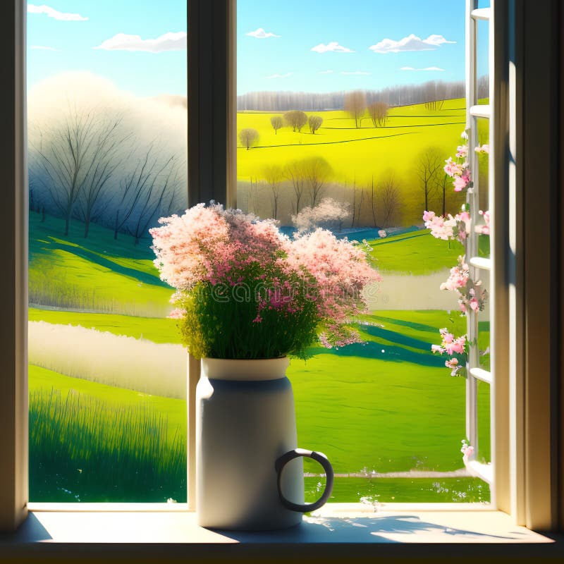 View from Window of Spring Landscape, Generative AI Illustration Stock ...