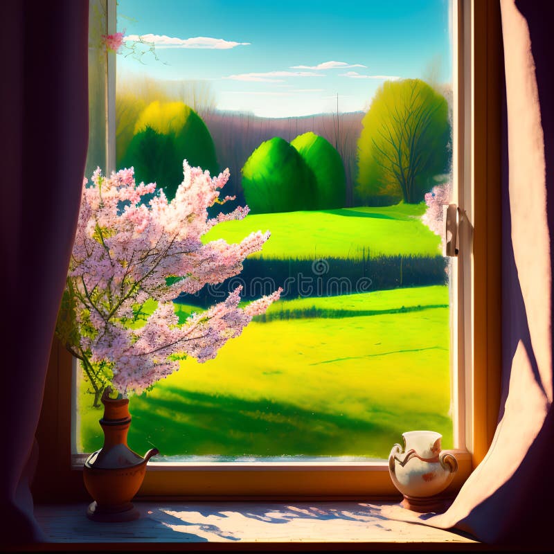 View from Window of Spring Landscape, Generative AI Illustration Stock ...