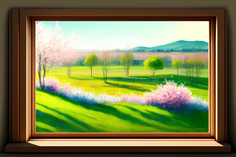 View from Window of Spring Landscape, Generative AI Illustration Stock ...