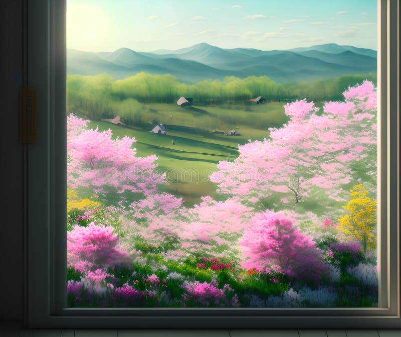 View from Window of Spring Landscape, Generative AI Illustration Stock ...
