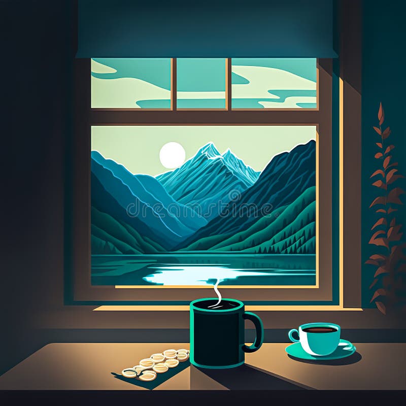 View from the Window To the Mountains, a Cup of Drink on the Windowsill ...