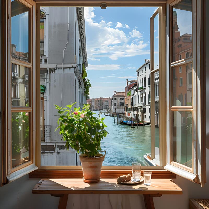 View from a Window of a Waterway and Potted Flowers, AI-generated ...
