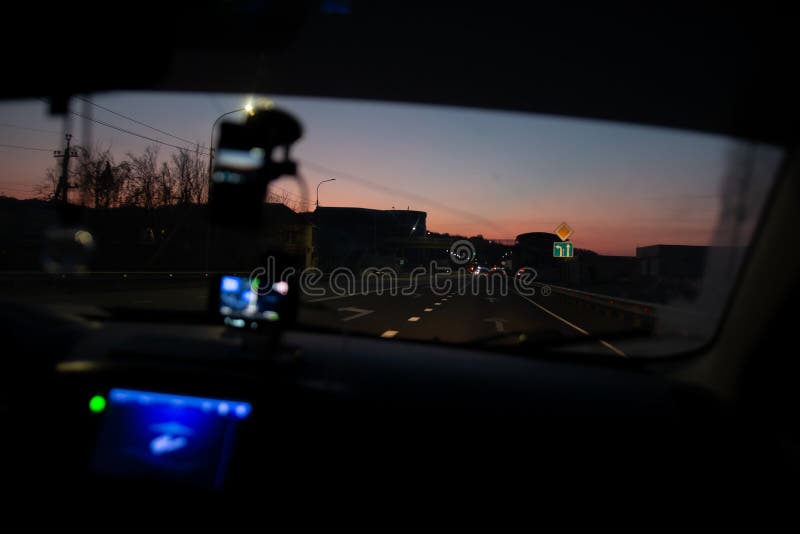 View through the Windshield of the Car on the Road at Night Stock Image ...