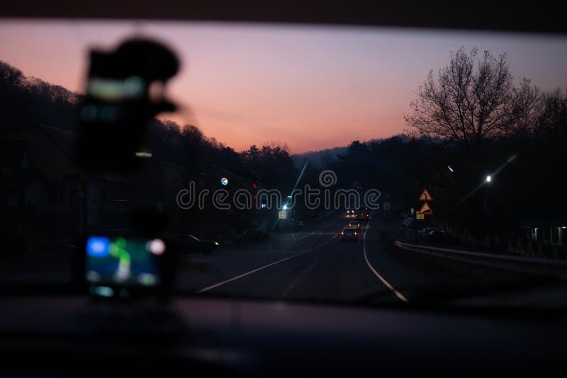 View through the Windshield of the Car on the Road at Night Stock Image ...