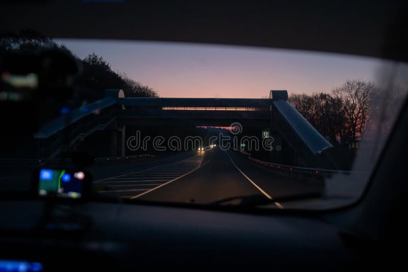 View through the Windshield of the Car on the Road at Night Stock Image ...