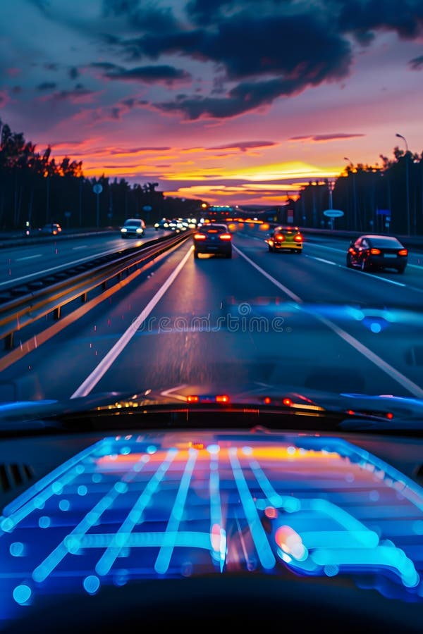 View through a Windshield Showing Night Drive with Digital Display ...