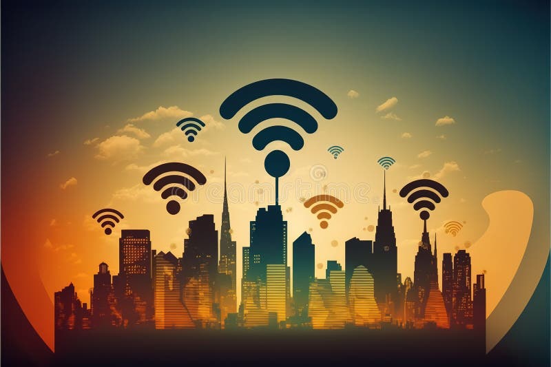Wireless Network Communication Icons with Cityscape Combination, AI ... Wireless Network Communication Icons with Cityscape Combination, AI ...