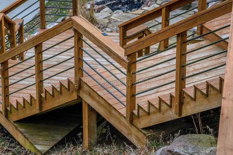View of Wood Steps Off Back of Deck Outside Stock Image - Image of wood ...