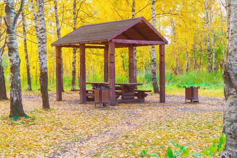 Wooden Arbor in the Autumn Forest Stock Photo - Image of pavilion ...