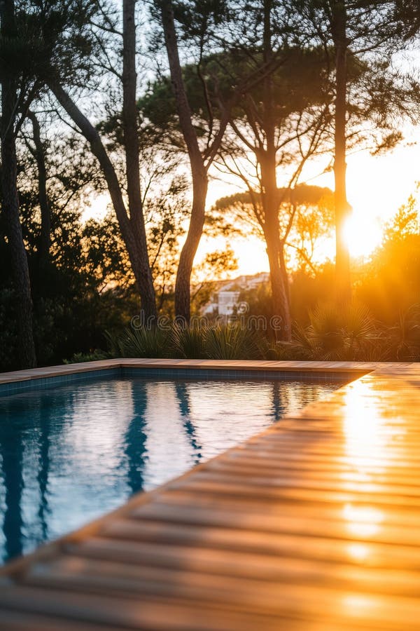 Scenic Infinity Pool with a Wooden Deck, Reflecting the Warm Hues of ...
