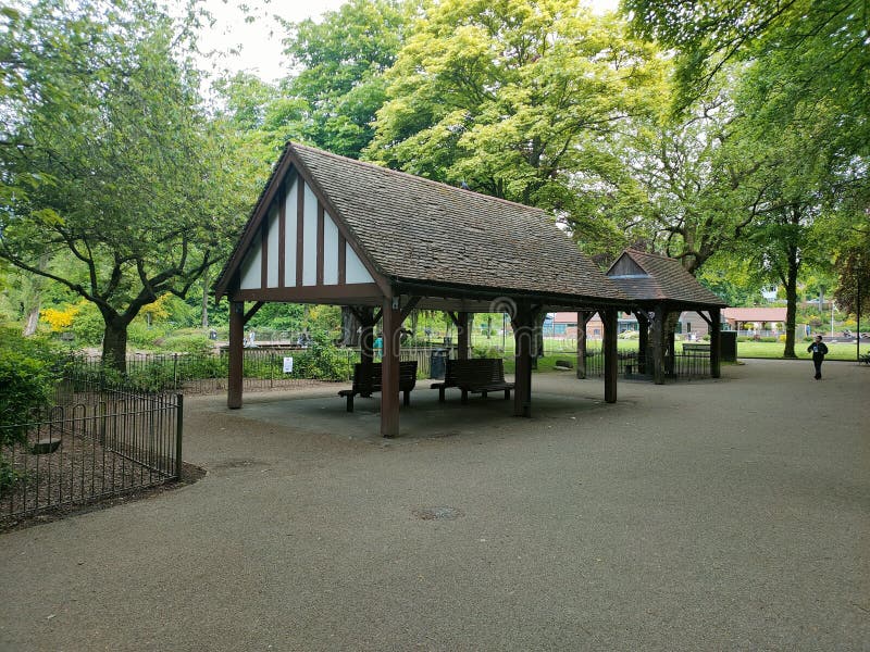 View of Wooden Pavilions with Benches in the Park Stock Image - Image ...