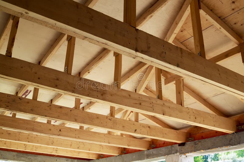 View of Wooden Rafters when Installing Roof on Construction of House ...