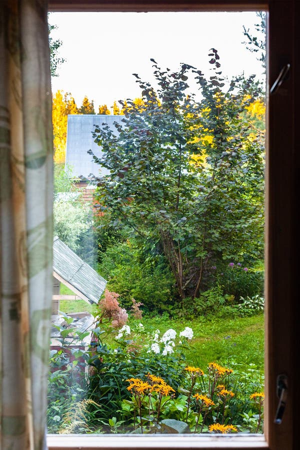 View of Yard with Well through Window in Cottage Stock Photo - Image of ...