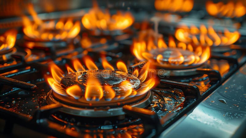 View of the Yellow Flames on the Burners of the Gas Stove. Yellow Flame ...