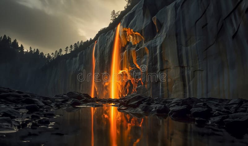View of the Yosemite Fire Waterfall Stock Illustration - Illustration ...