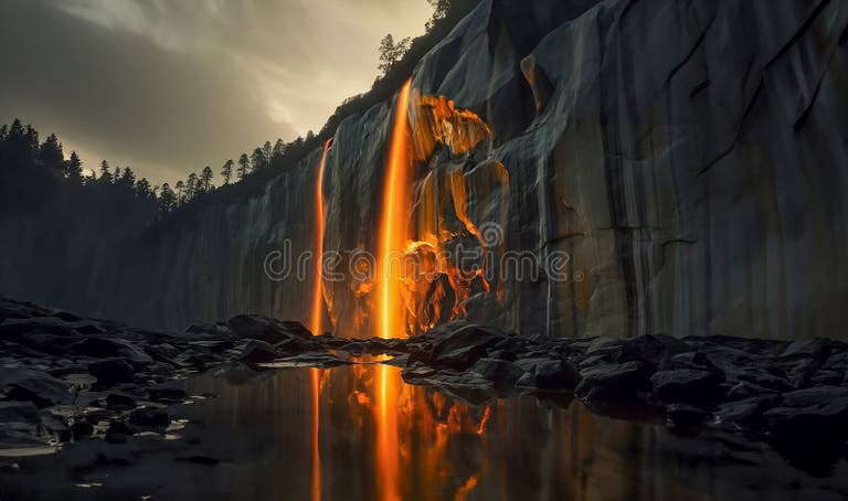 View of the Yosemite Fire Waterfall Stock Illustration - Illustration ...