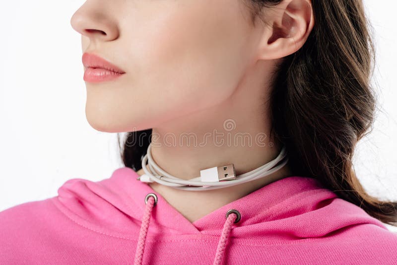 View of Young Woman with Usb Cable Around Neck Isolated on White Stock ...