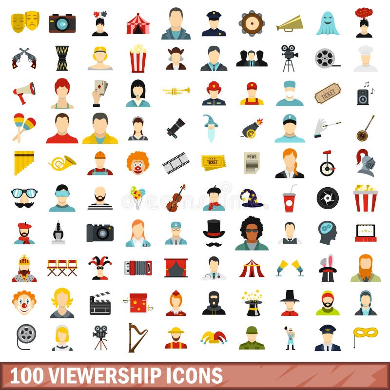 100 Viewership Icons Set, Flat Style Stock Vector - Illustration of ...