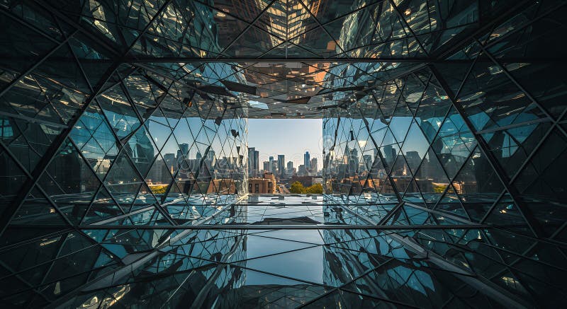 Viewing City Skyline through Abstract Geometric Glass Architecture ...