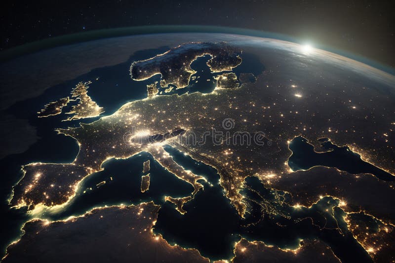 Viewing Europe from Space at Night. Generative AI Stock Illustration ...