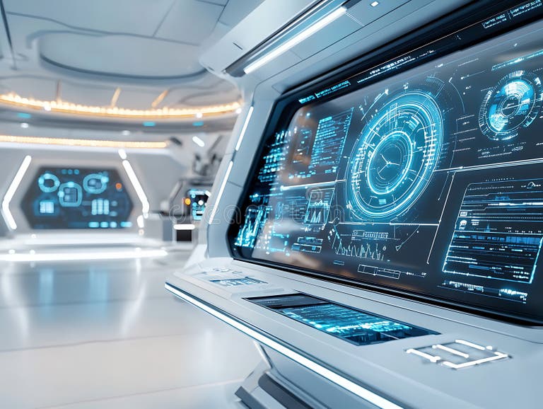 Viewing Futuristic Control Panel with Glowing Displays in a Spaceship ...