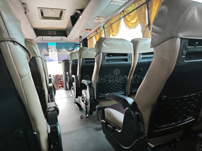 Viewing the Interior Empty Passenger Bus from Behind. Stock Photo ...