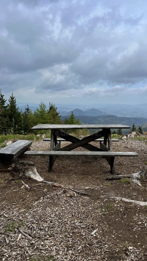 Viewing Platform with Wooden Table and Bench in the Mountains. Mountain ...