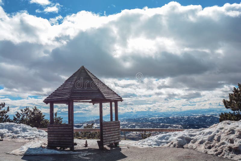 Viewpoint on Mountain with Snow and Cloudy Sky Stock Image - Image of ...