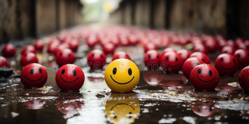 Views of Happy and Sad Funny Face Yellow, and Red Plastic Balls in ...