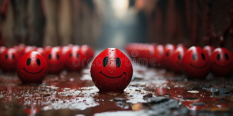 Views of Happy and Sad Funny Face Yellow, and Red Plastic Balls in ...