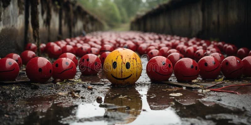 Views of Happy and Sad Funny Face Yellow, and Red Plastic Balls in ...