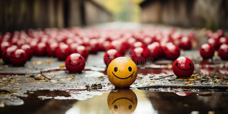 Views of Happy and Sad Funny Face Yellow, and Red Plastic Balls in ...