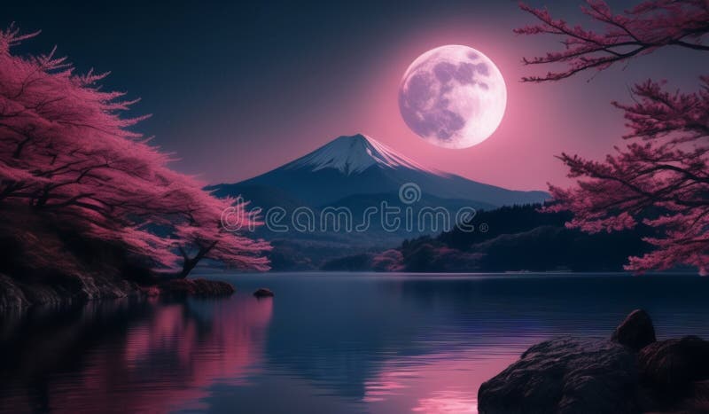 Views of Lakes and Mountains, with a Moon Pink Color Concept Stock ...