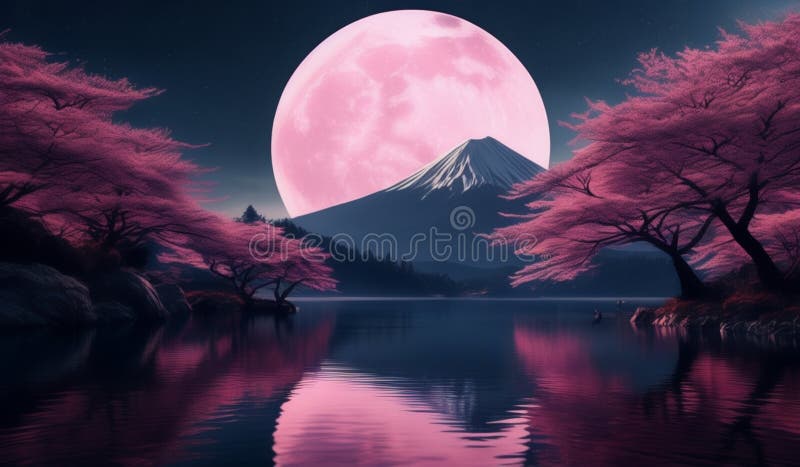 Views of Lakes and Mountains, with a Moon Pink Color Concept Stock ...