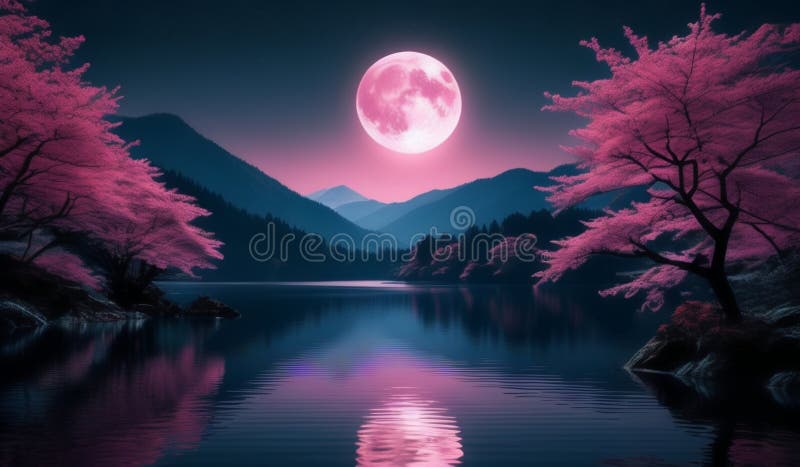 Views of Lakes and Mountains, with a Moon Pink Color Concept Stock ...