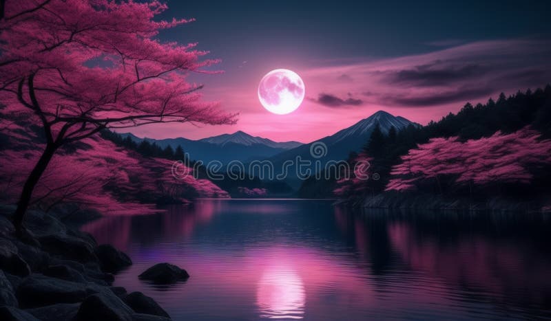 Views of Lakes and Mountains, with a Moon Pink Color Concept Stock ...